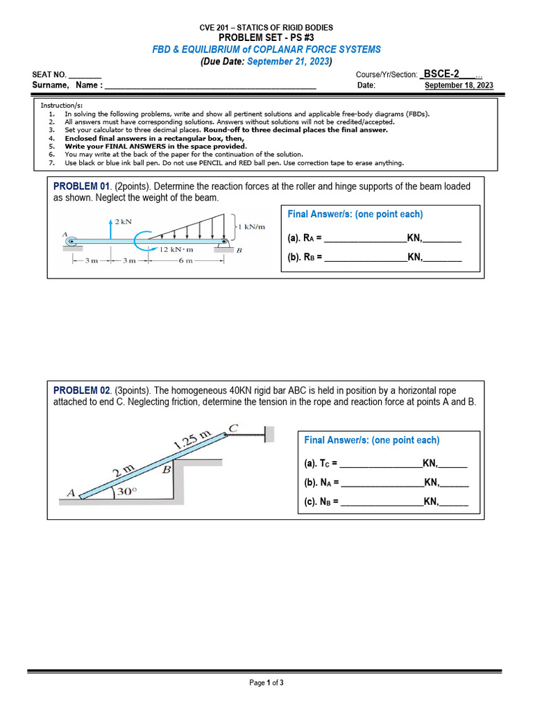 Problem Set - PS3 - CVE201 - FBD - EQUILIBRIUM - of - Coplanar - Force - Systems | PDF | Force ...