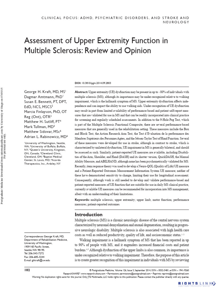Assessment of Upper Extremity Function in Multiple Sclerosis | PDF | Multiple Sclerosis | Disability