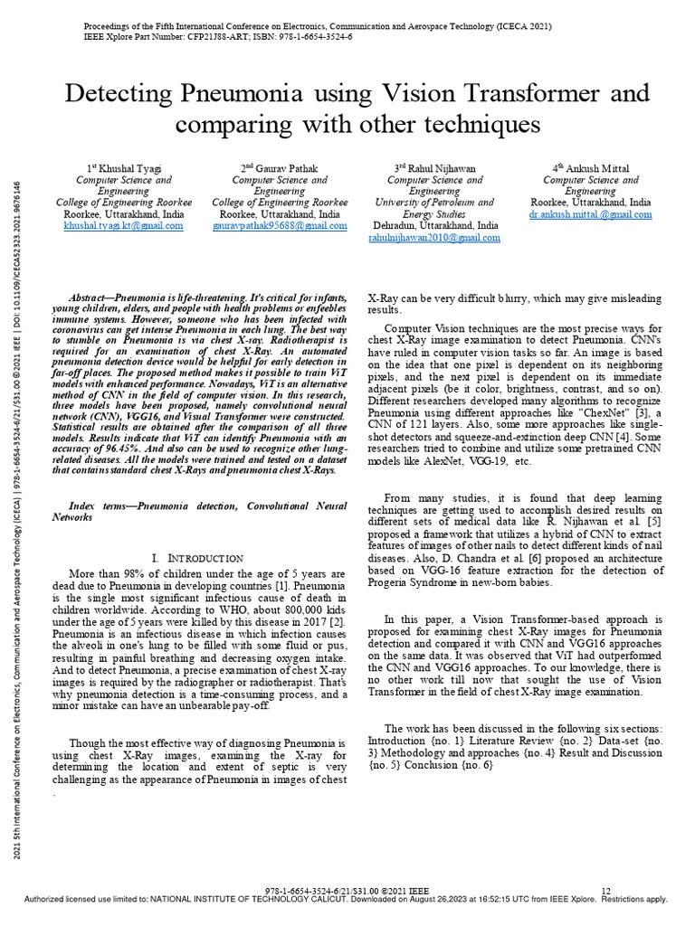 Detecting Pneumonia Using Vision Transformer and Comparing With Other Techniques | Download Free ...
