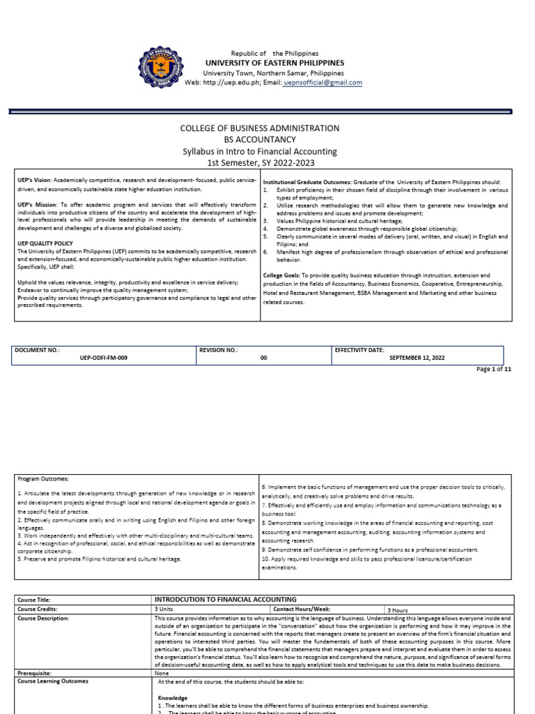 Intro to Financial Accounting Syllabus | PDF | Accounting | Bookkeeping