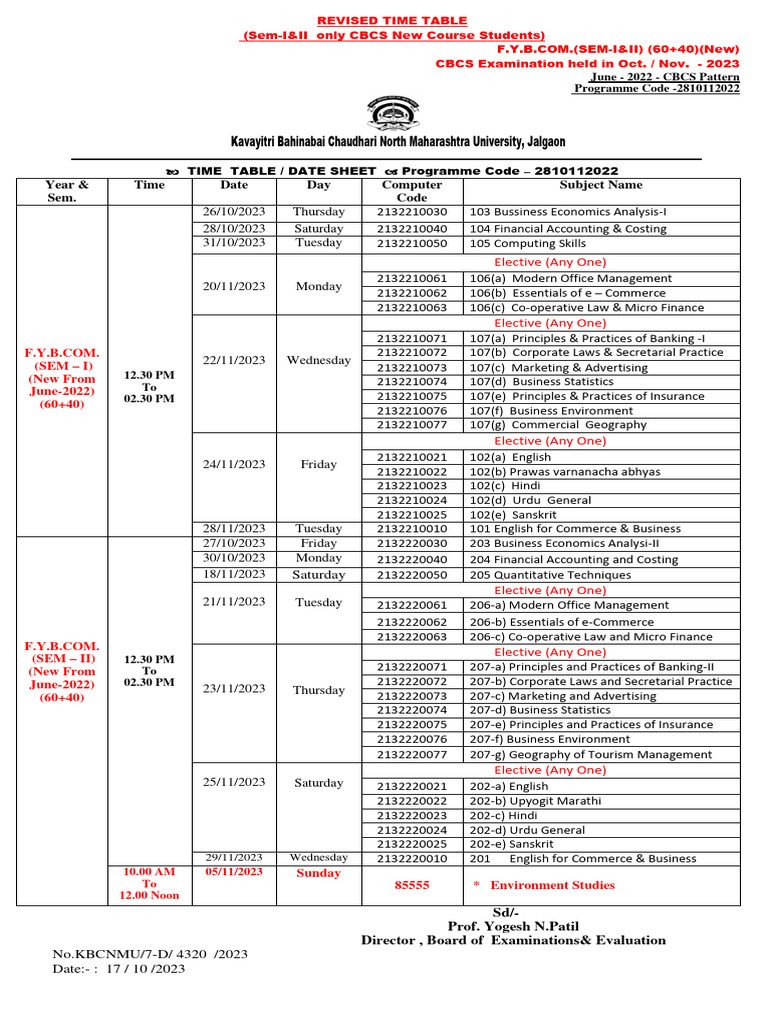 KBCNMU B.Com Exam Time Table 2023 | PDF | Business | Economics