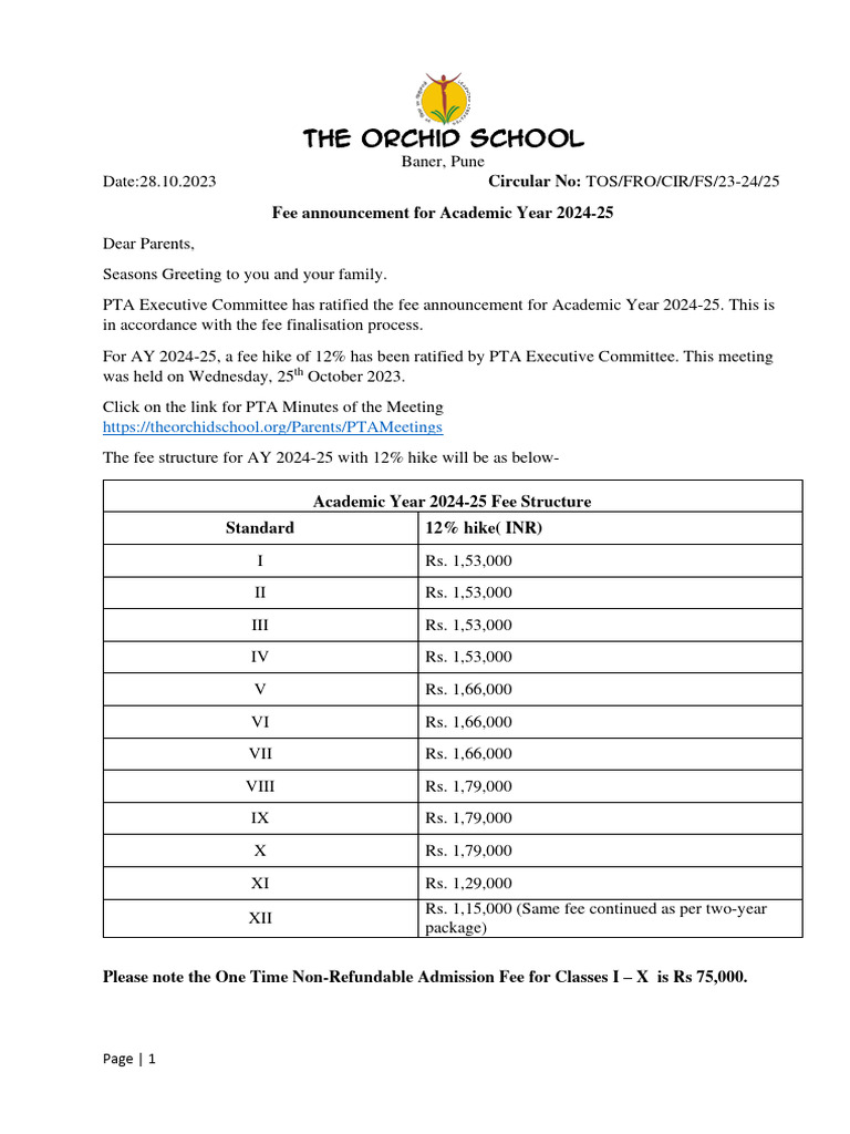 Fee Announcement Circular For AY 2024-25 | PDF