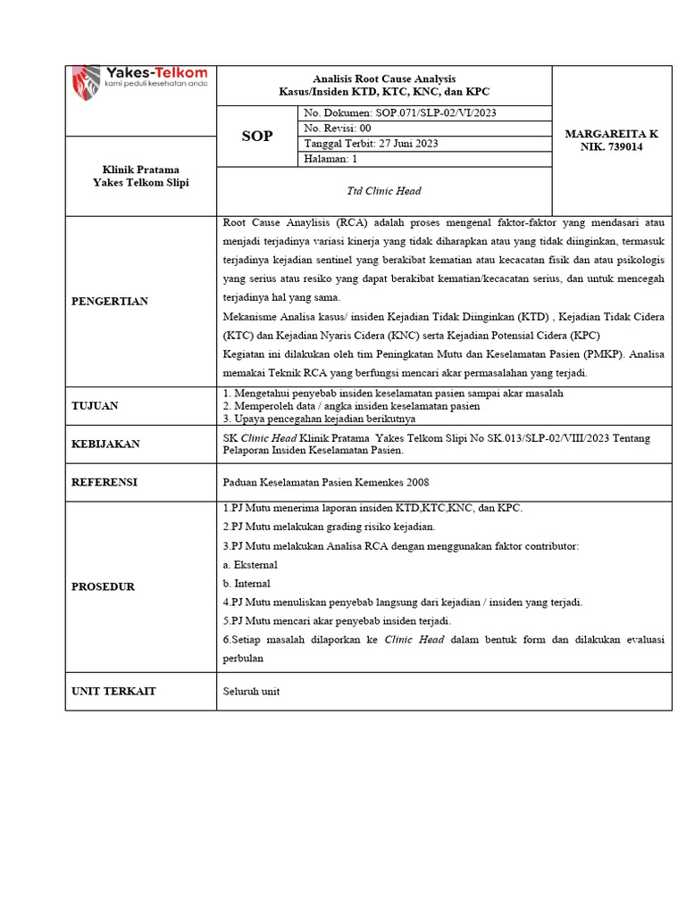 SOP RCA Slipi | PDF | Sains & Matematika