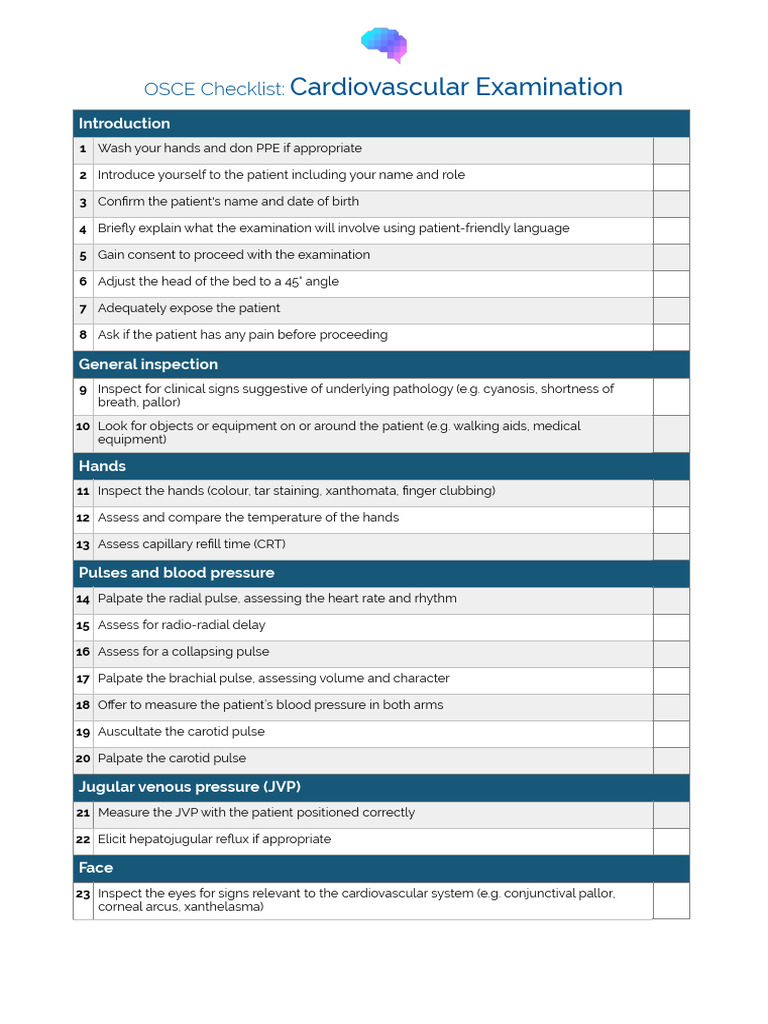 OSCE Checklist Cardiovascular Examination 2 | PDF | Cardiovascular ...