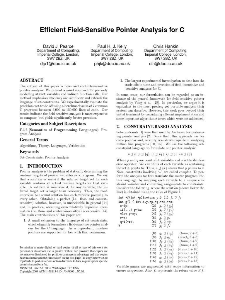 Efficient Field Sensitive Pointer Analysis Of C Pdf Pointer Computer Programming 7610
