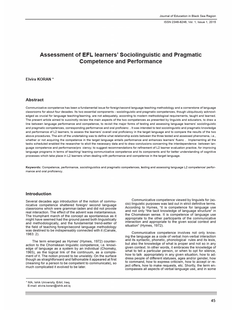 Assessment of EFL Learners' Sociolinguistic and Pragmatic Competence and Performance | PDF ...