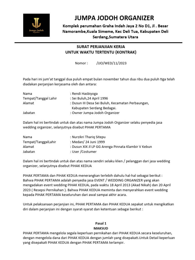 Kontrak Jumpa Jodoh Dengan Zikrie | PDF | Hukum