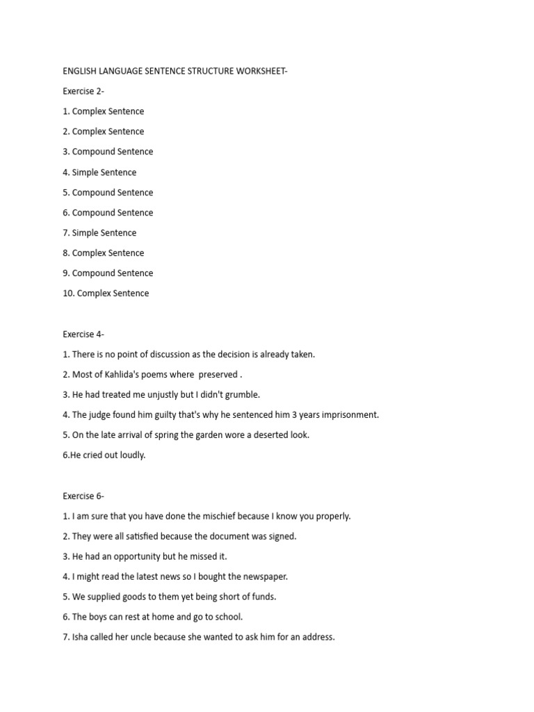 English Language Sentence Structure Worksheet | PDF