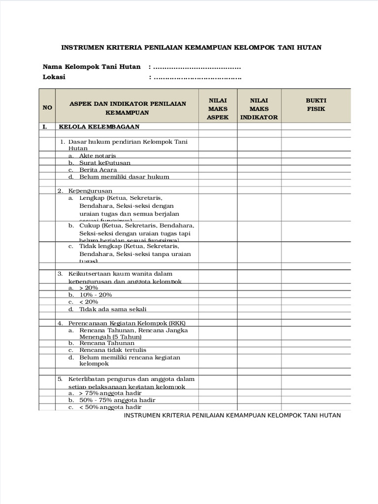 Dokumen - Tips - Instrumen Kriteria Penilaian Kemampuan Kelompok Tani Hutan | PDF