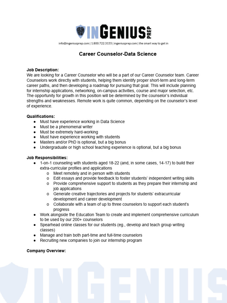 Career Counselor-Data Science JD | PDF | School Counselor | Internship