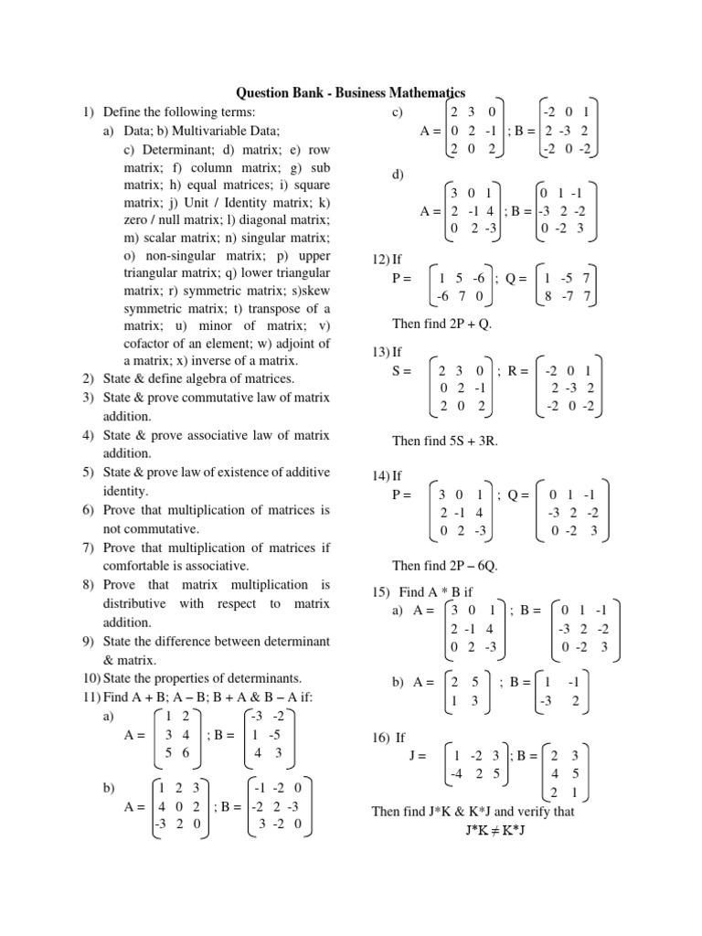 Question Bank Business Math Matrices & Determinants | PDF | Matrix (Mathematics) | Determinant