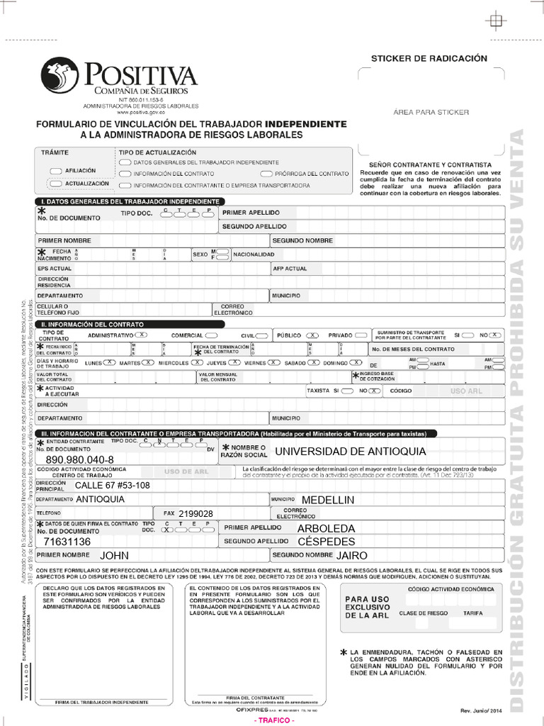 Formulario Arl Positiva Actual | PDF