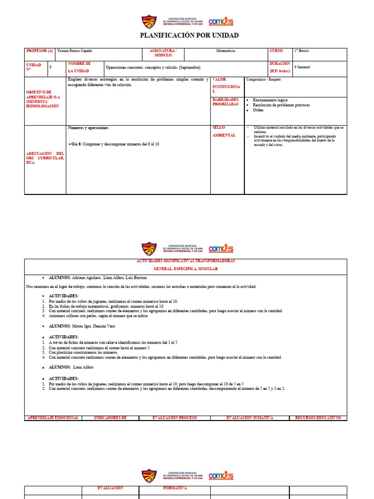 Planificación Por Unidad Matematicas 1 Basico Pdf Evaluación