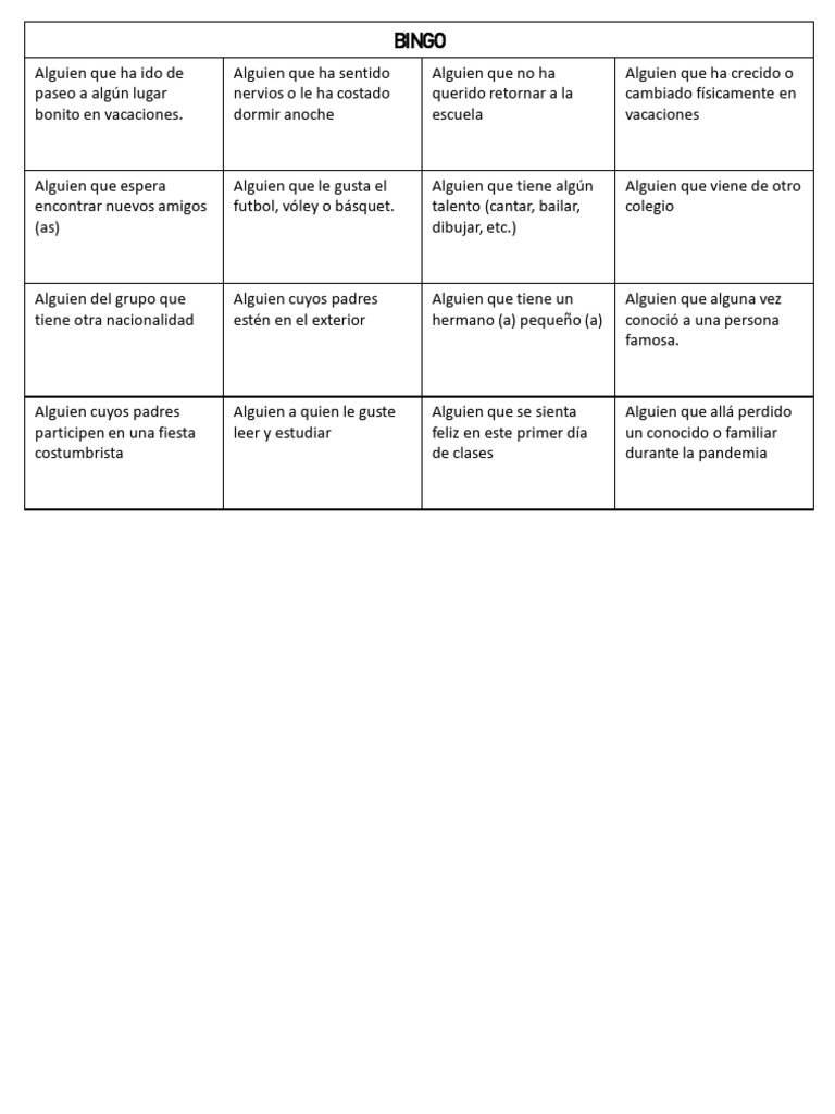 Actividades de Bingo para el Regreso a Clases | PDF