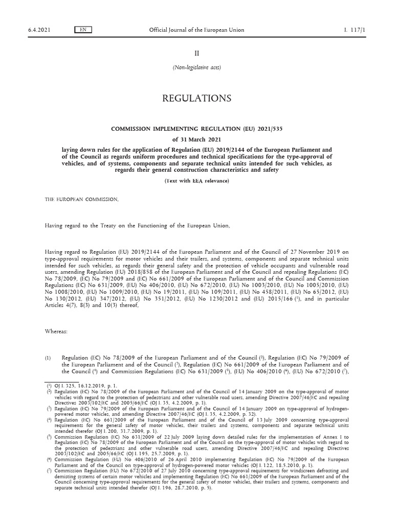 EU Regulation 2021/535 on Vehicle Approval | PDF | European Commission ...