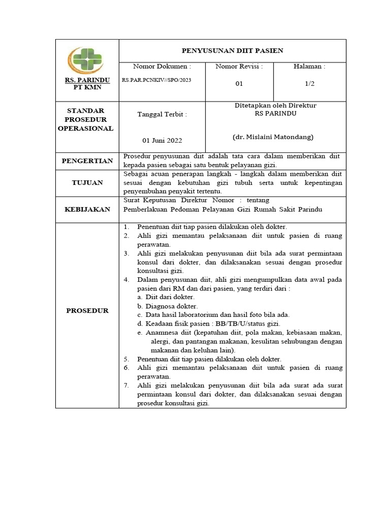 Prosedur Penyusunan Diit Pasien | PDF