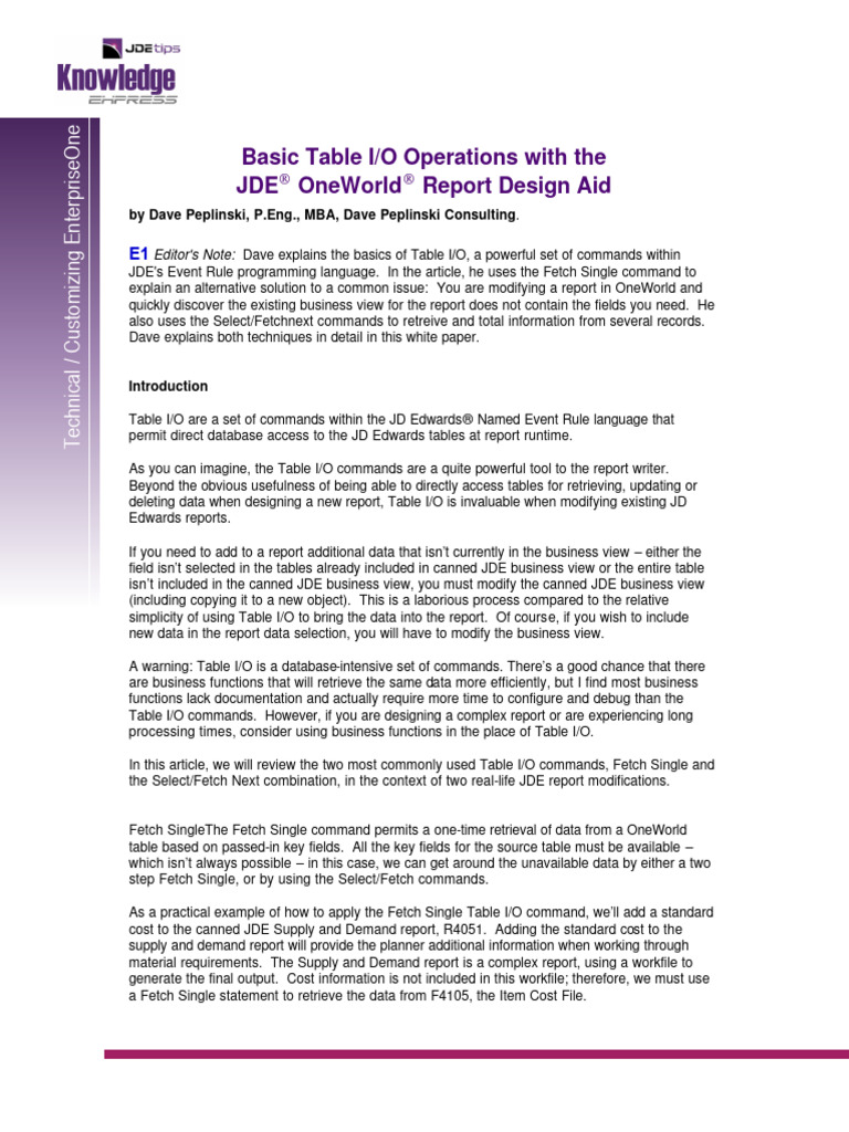 1 - Basic Table Io Operations With The Jde Oneworld Report Design Aid ...