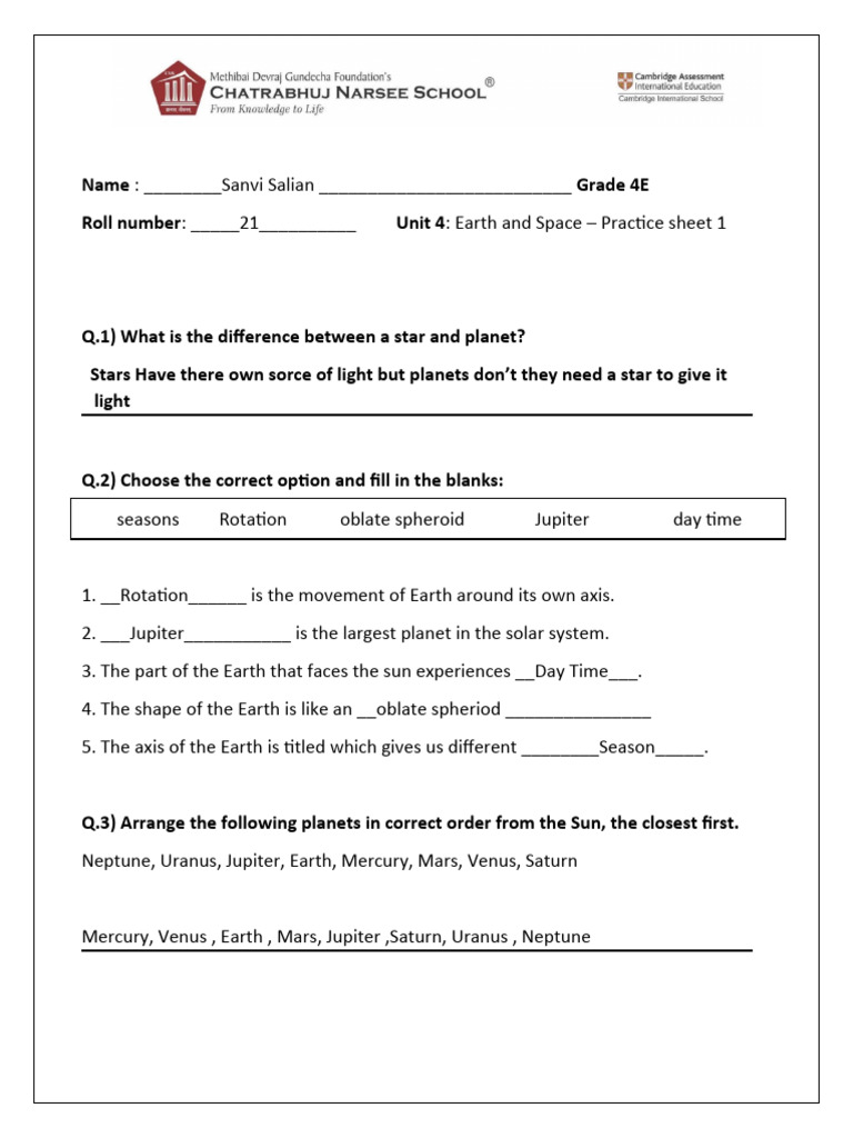 Grade 4E Science Practice Sheet 1 Earth and Space | PDF