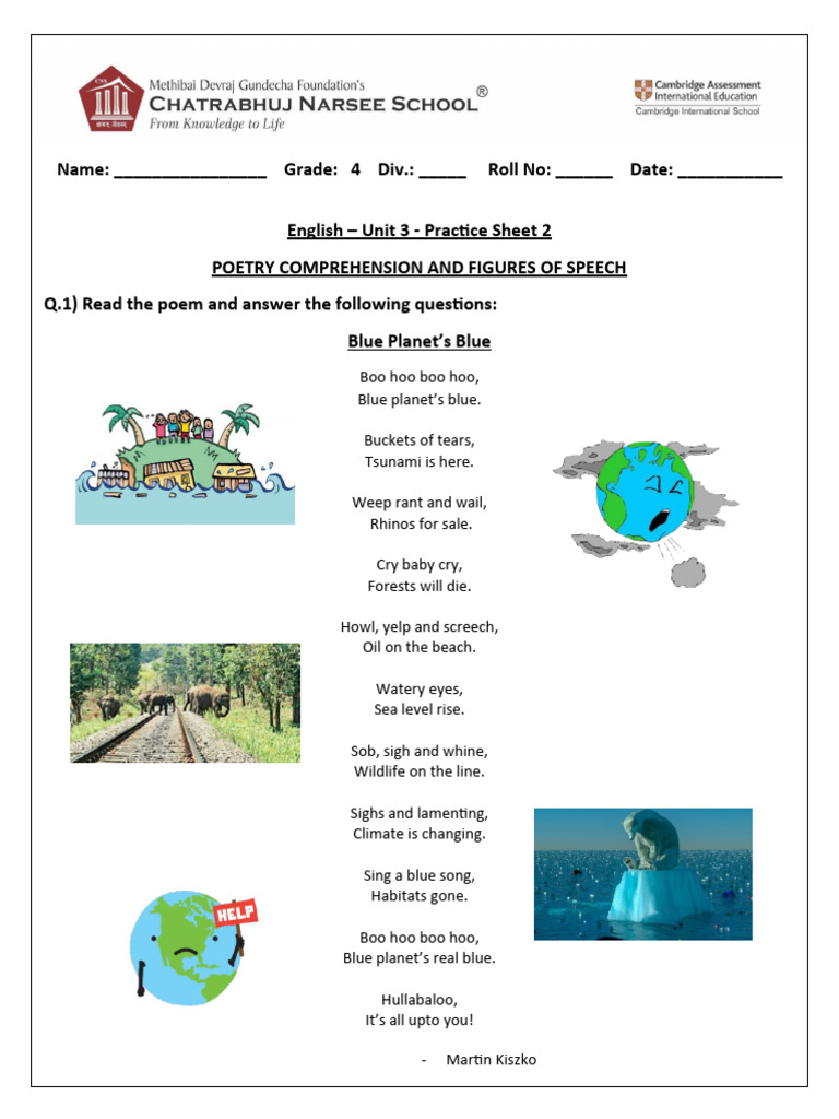 20th October Grade 4 English Unit 3 Poetry Comprehension Figures of ...