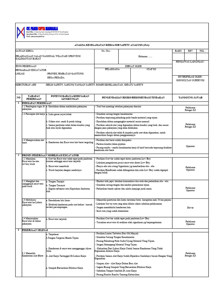 JSA Mobilisasi Excavator | PDF