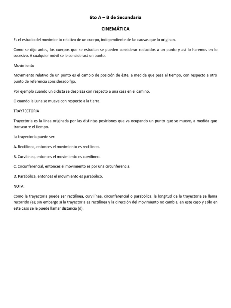 Guía de Cinemática para Secundaria | PDF | Velocidad | Trayectoria