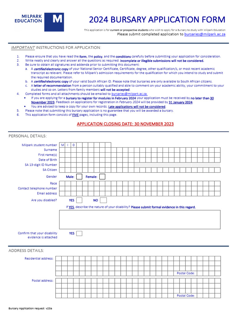2024 Milpark Bursary Application Form V23a | PDF | Postgraduate ...