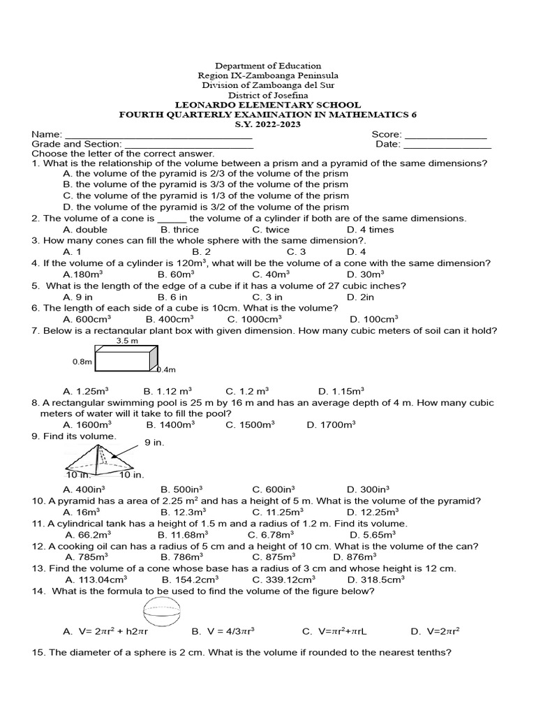 PT - Math 6 - Q4 | PDF | Volume | Probability