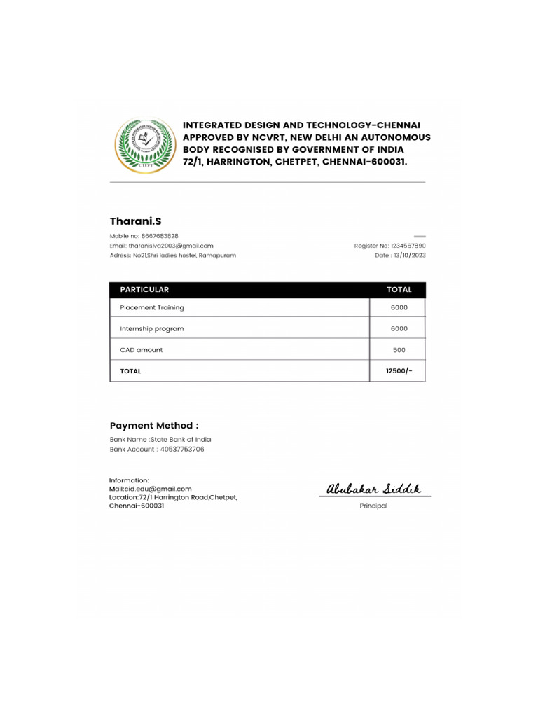 Internship Fees Receipt 237277068998 | PDF