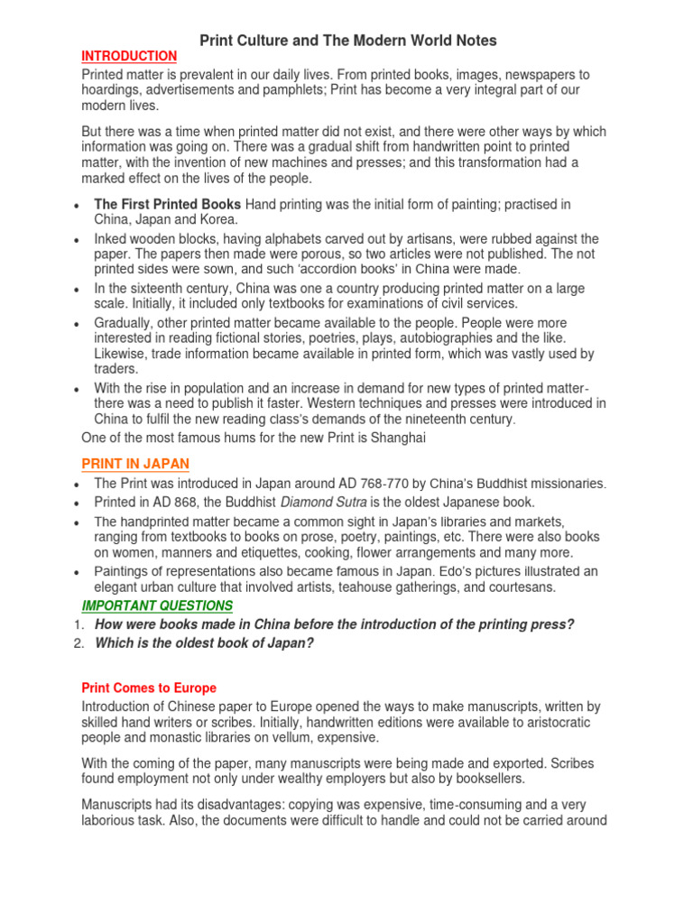 Print Culture and The Modern World Notes | PDF | Great Depression ...