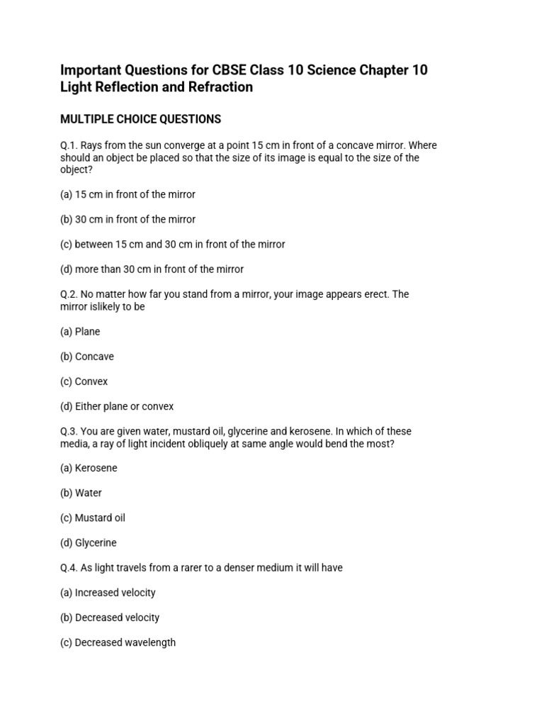 Light PDF of Practice Questions | PDF | Mirror | Optics