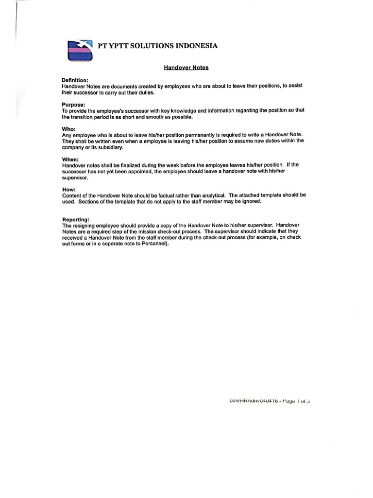 Handover Notes | PDF