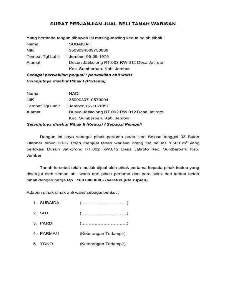 Surat Perjanjian Jual Beli Tanah Warisan | PDF