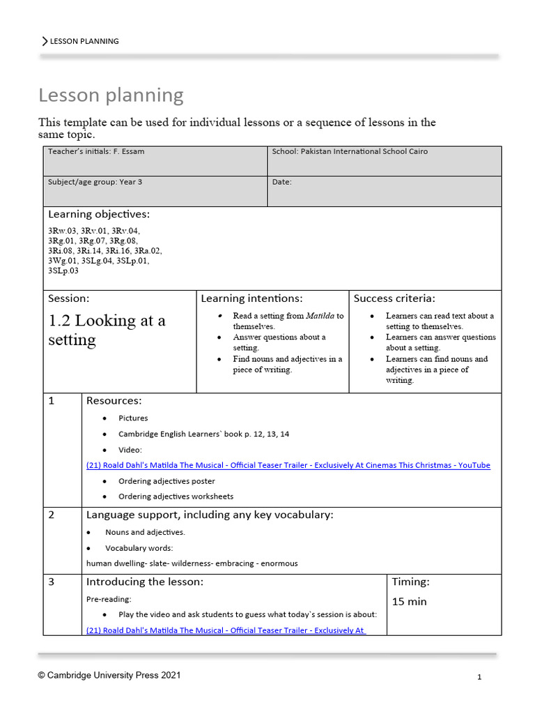 Lesson Plan Lesson 2 Cambridge English Book 3 | PDF | Adjective ...