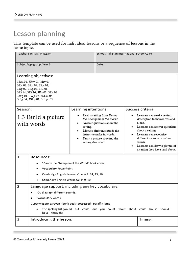 Lesson Plan Lesson 3 Cambridge English Book 3 | PDF | Vocabulary ...