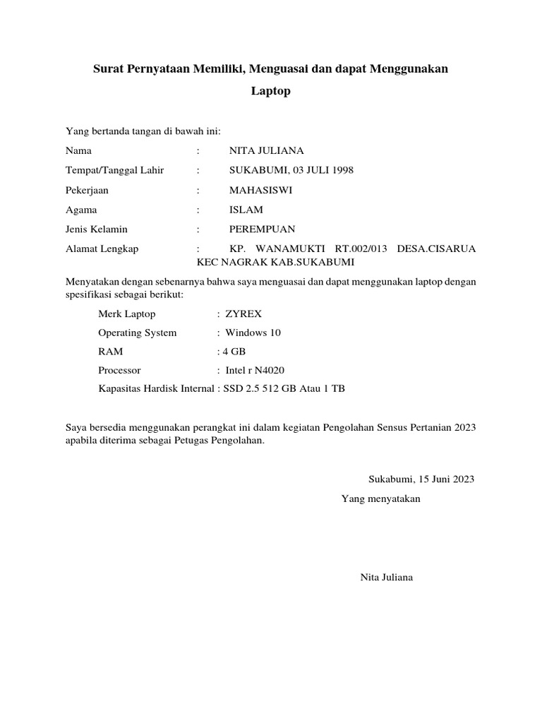3-Contoh Surat Pernyataan Memiliki Laptop | PDF
