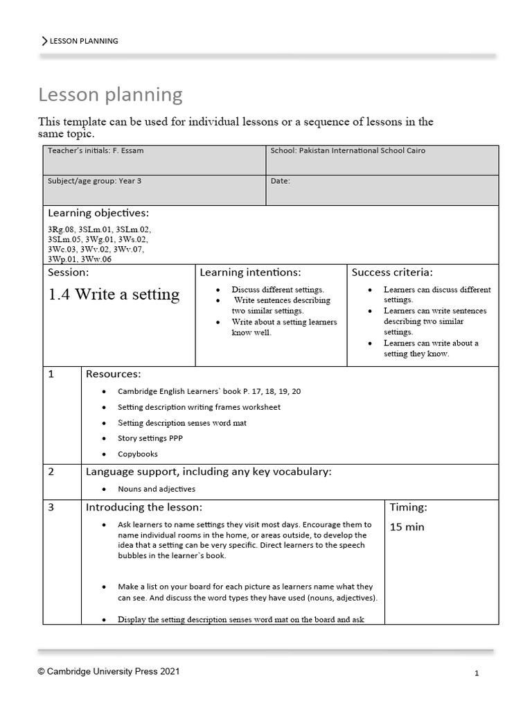 Year 3 Setting Description Lesson Plan | PDF | Word | Noun