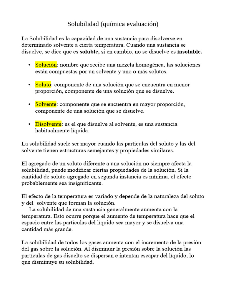 Características de la Solubilidad Química | PDF | Solubilidad | Solvente