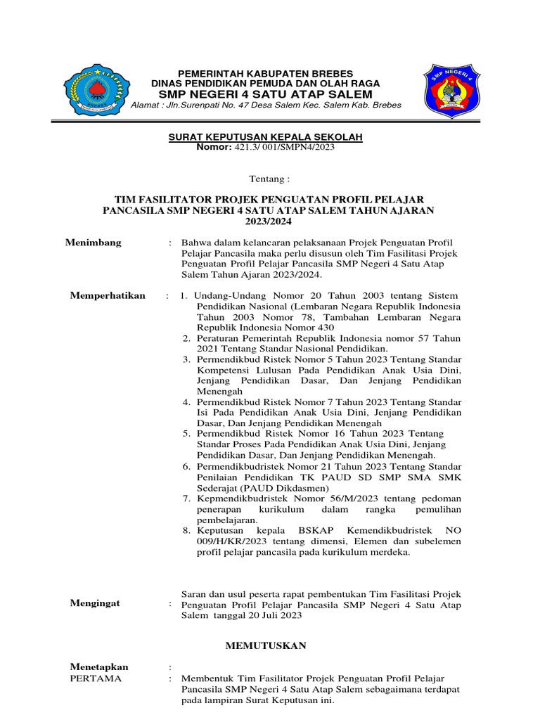 SK TIM FASILITATOR P5 SMP 4 2023 - 2024 UKIN Fiks | PDF