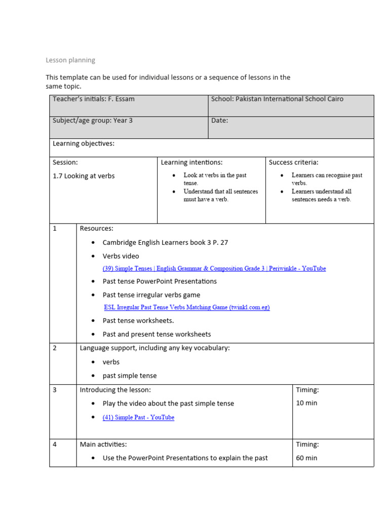 Lesson Plan 7 Past Simple Tense Cambridge English Book 3 | PDF ...