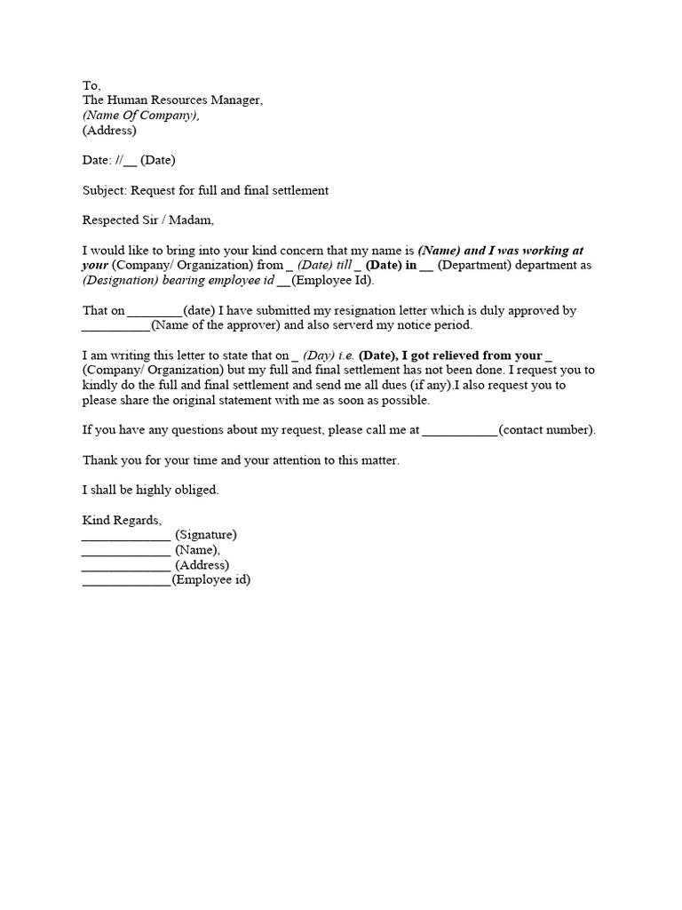 Full and Final Settlement Letter | PDF