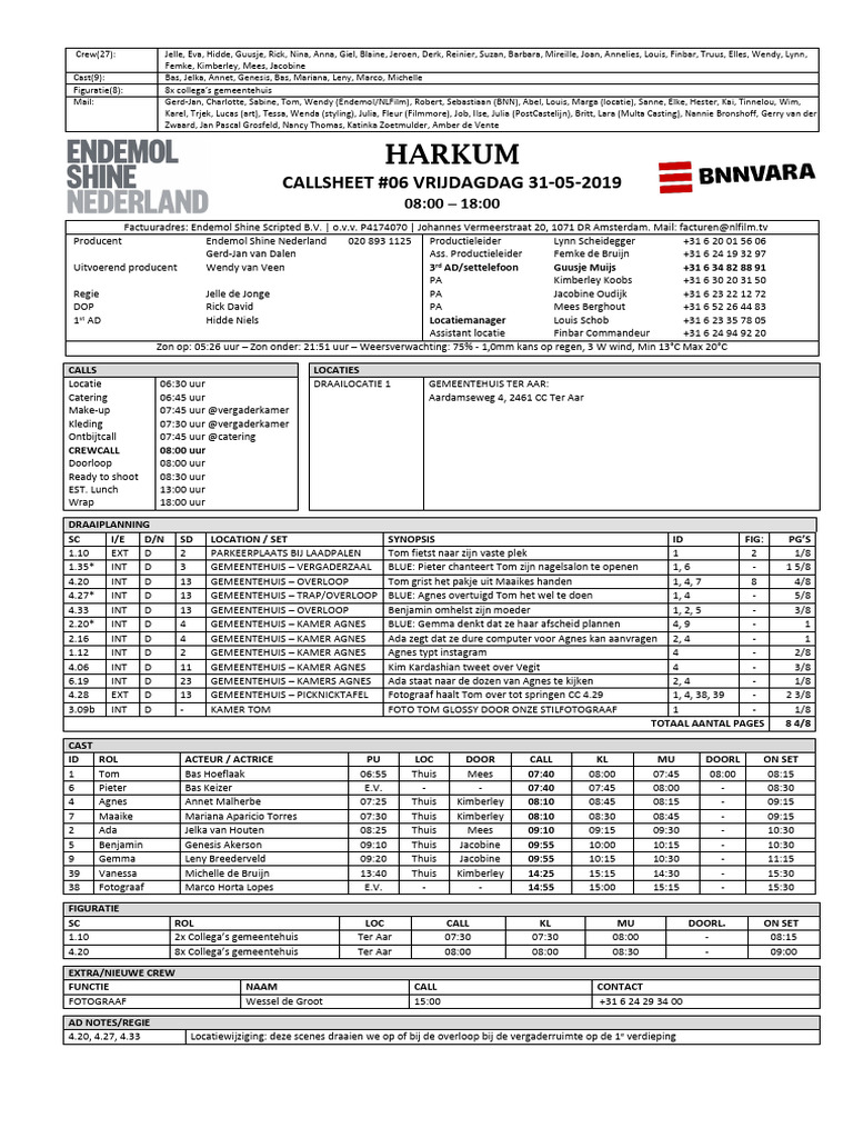#06 Callsheet 31052019 | PDF