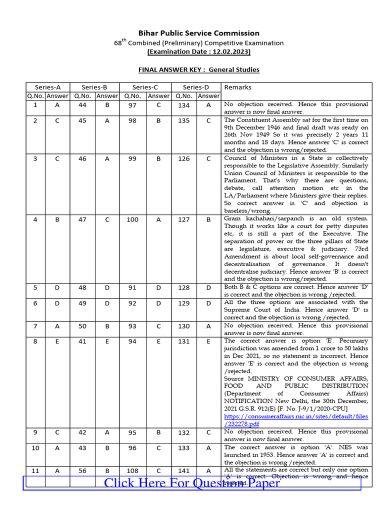Final Answer Key 68th BPSC Prelims | PDF | Electron | Electricity