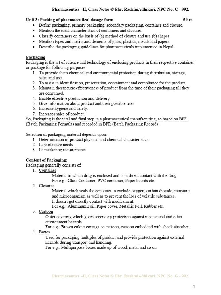 Unit 3, Packaging of Pharmaceutical Dosage Form. | PDF | Packaging And ...