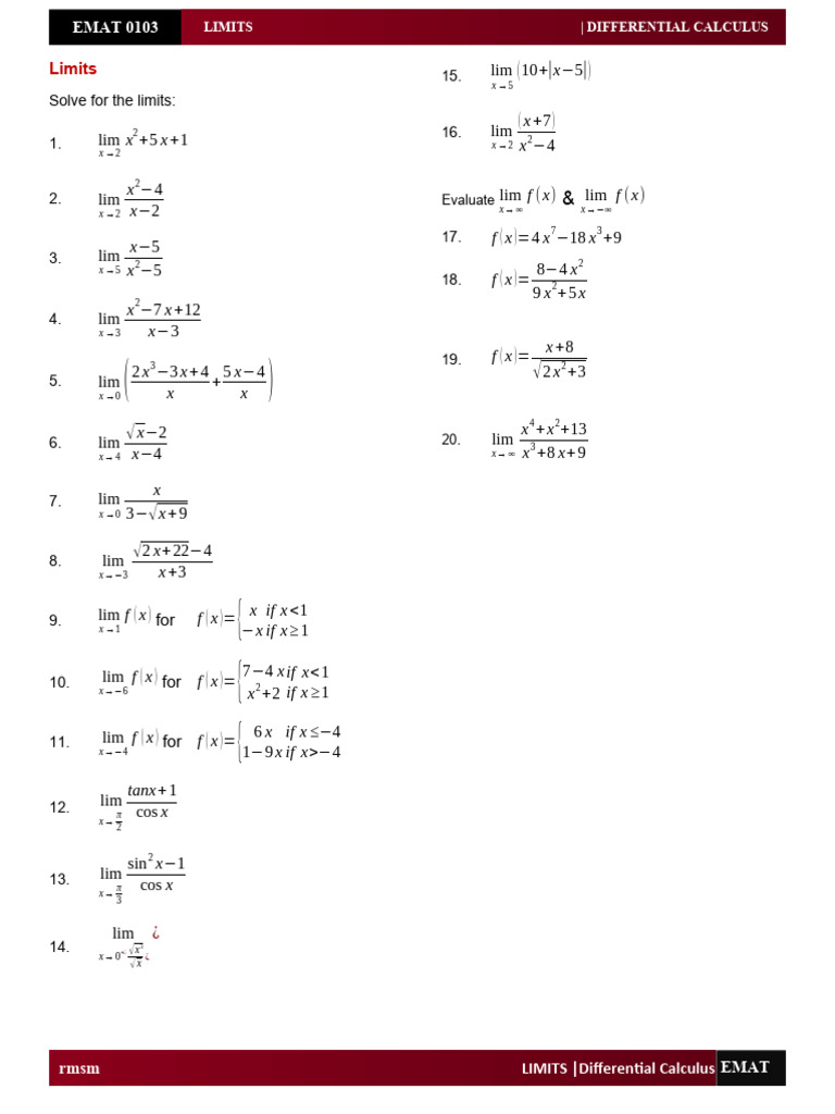 EMAT 0103 - Limits Problems | PDF | Calculus | Mathematical Analysis