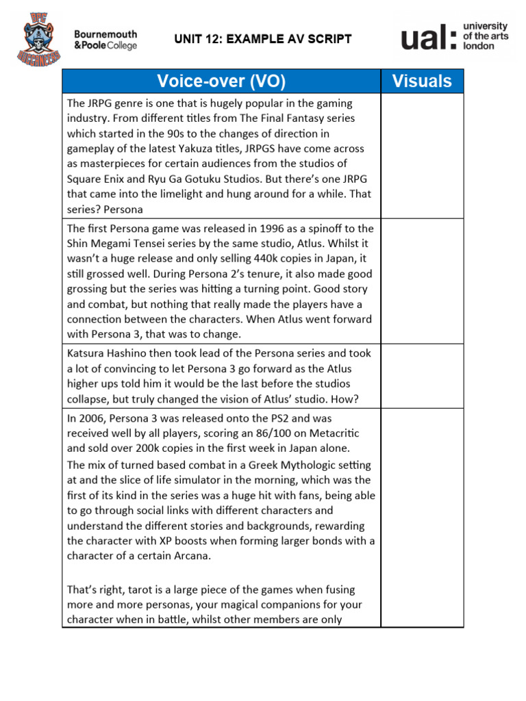 Av Script - Draft 1 - Persona JRPG Royalty | PDF