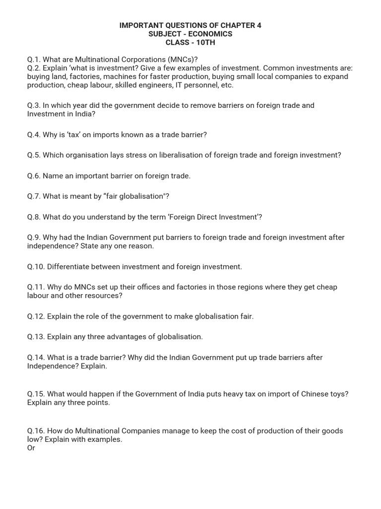 Class 10 SST Important Questions | PDF | Multinational Corporation | Globalization