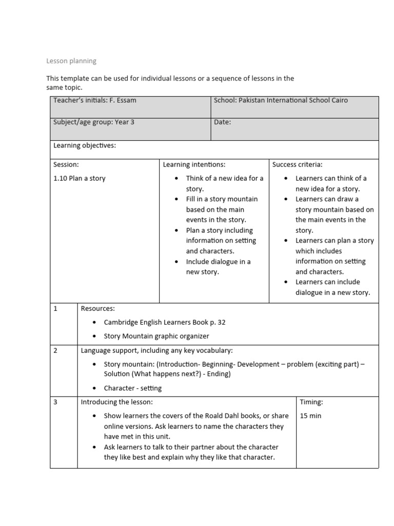 Year 3 Story Planning Lesson Template | PDF | Cognitive Psychology ...