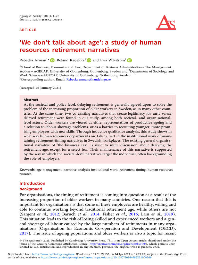 We Dont Talk About Age A Study of Human Resources Retirement Narratives ...