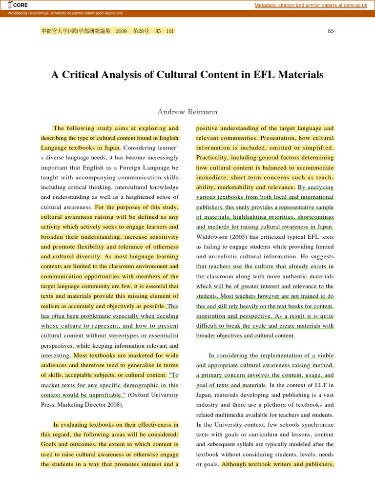 A Critical Analysis of Cultural Content in EFL Materials | PDF ...