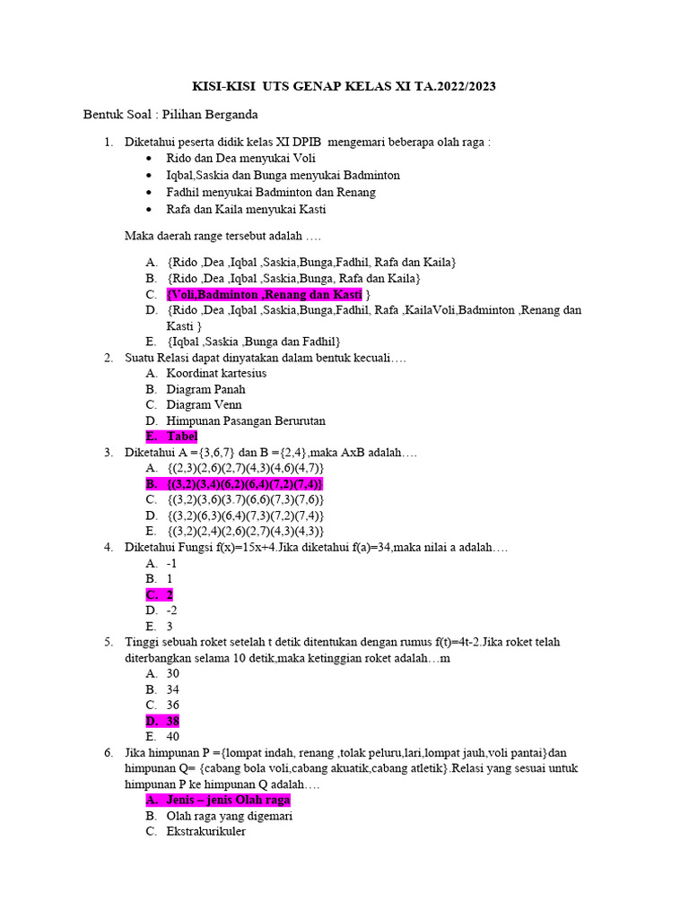 Kisi Kisi Matematika Kelas 11 | PDF | Metode & Bahan Ajar